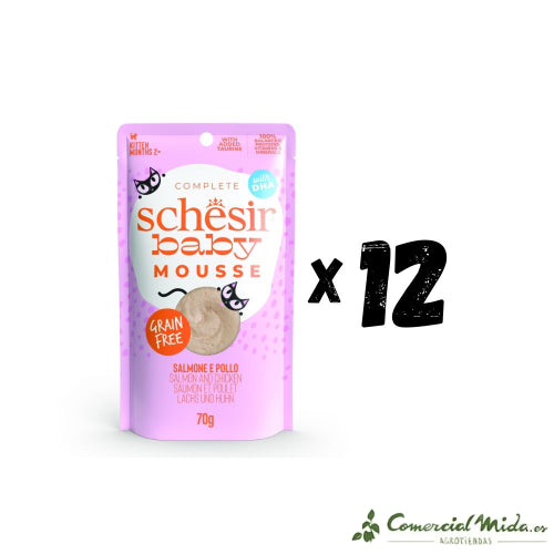 SCHESIR GATO BABY Pollo con Salmón Mousse Pack 12x70gr – Comercial Mida